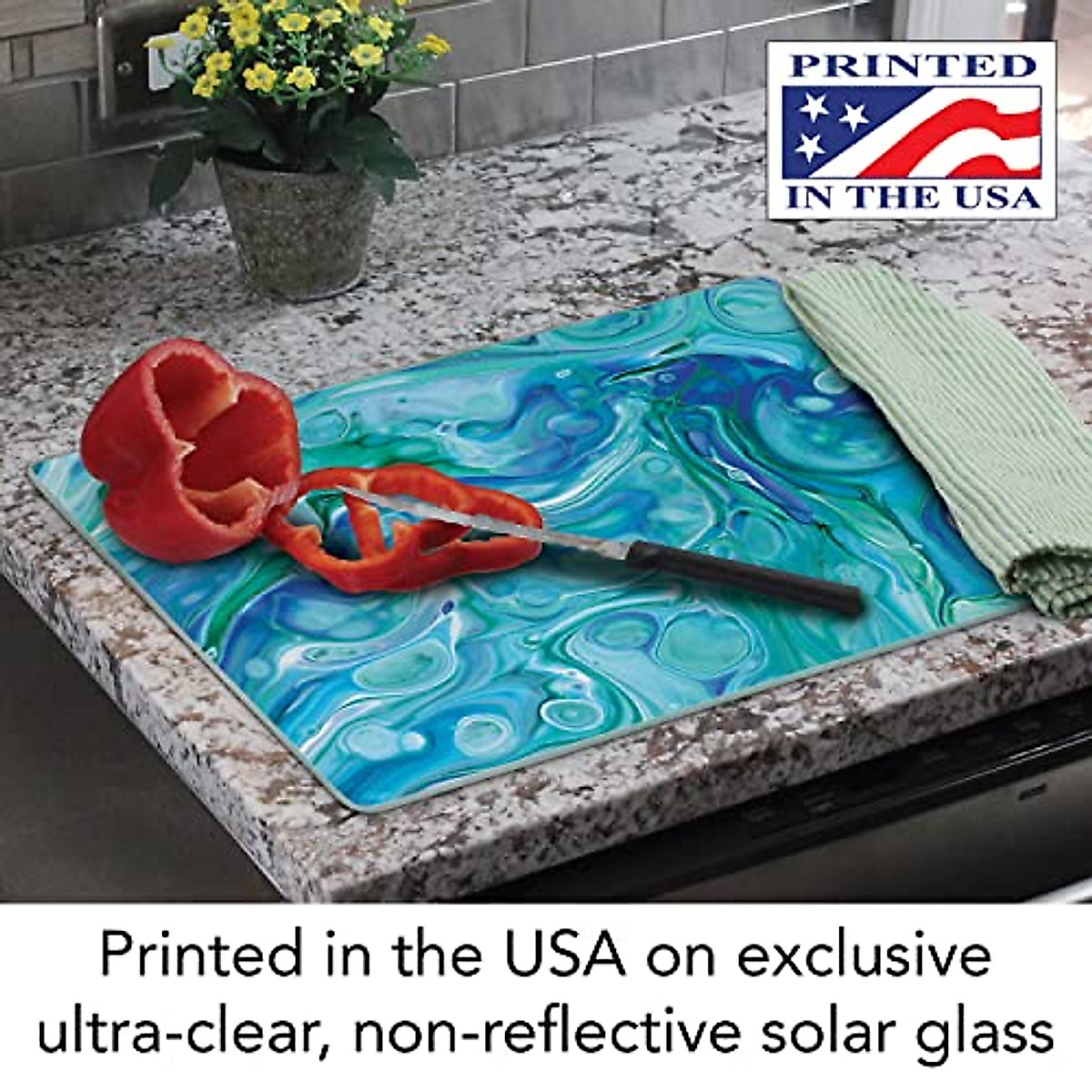 CounterArt Ocean Vibe Blue Swirls 3mm Heat Tolerant Tempered Glass Cutting Board 15” x 12” Manufactured in the USA Dishwasher Safe