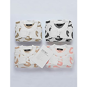 MEROKEETY Women's Fuzzy Fleece Leopard Long Sleeve Pajama Set 2 Piece Sweater Top and Shorts Loungewear,Apricot,S