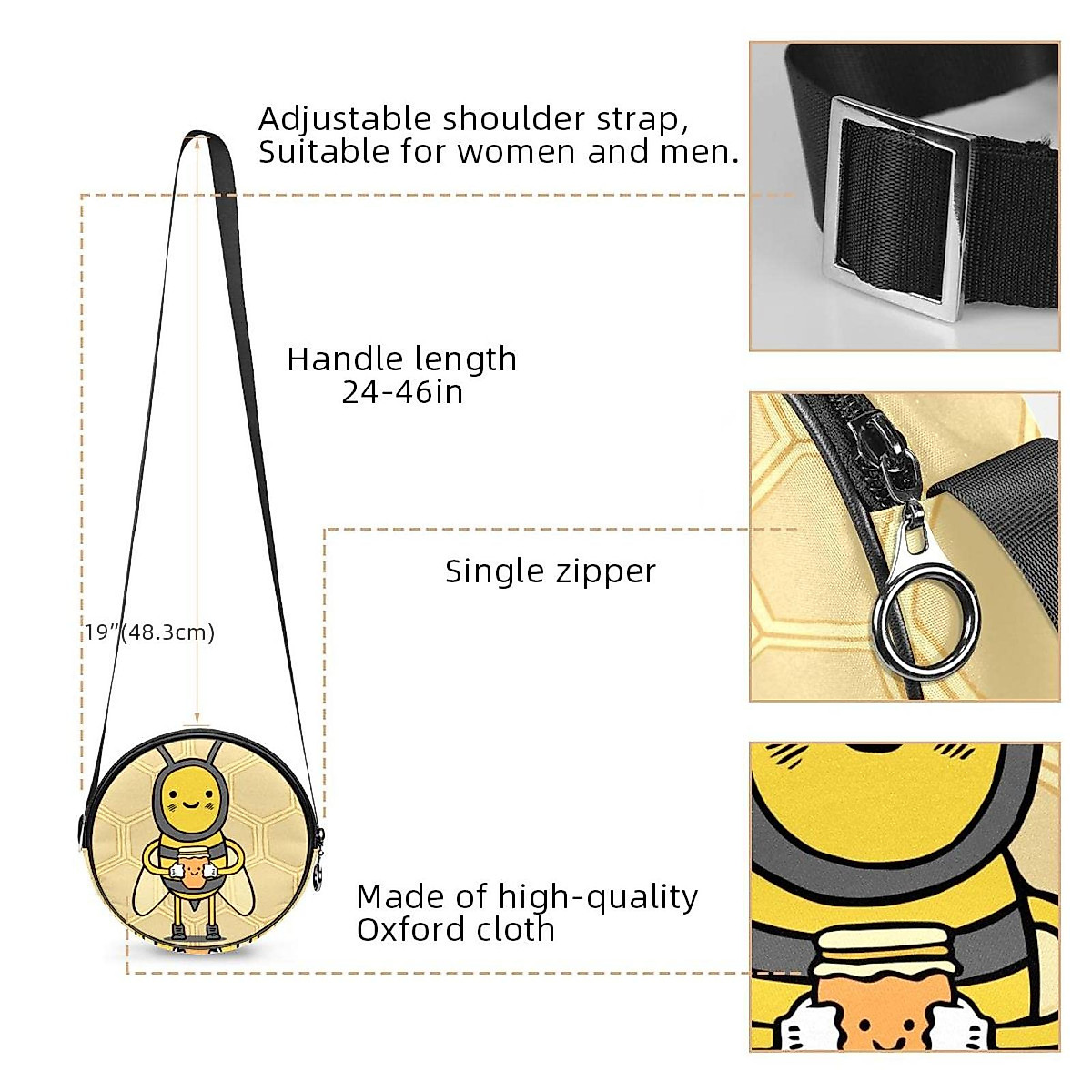 Bee Animal Crossbody Bag for Women Teen Girls Round Canvas Shoulder Bag Purse Tote Handbag Bag