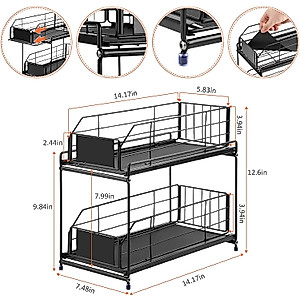 2 Pack - 2-Tier Under Sink Cabinet Organizer with Sliding Storage Drawer, Spice Rack, Pull Out Cabinets Organizer Shelf Baskets, for Kitchen, Pantry, Under The Sink, Cabinet, Bathroom, Black