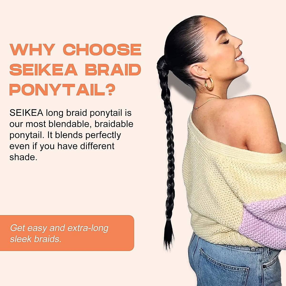SEIKEA Long Braided Ponytail Extension with Hair Tie Straight Wrap Around Hair Extensions Ponytail Natural Soft Synthetic Hair Piece for Women Daily Wear 26 Inch 140 Gram Black Brown