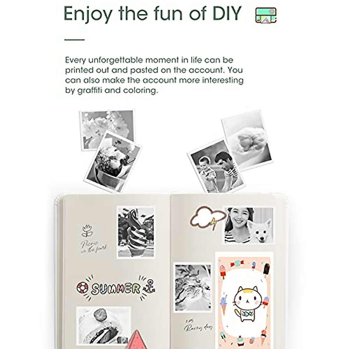 Instant Print Camera, 2.4 Inch IPS Screen Cartoon Print Camera, 200DPI Print Resolution, Maximum Support 32GB Memory Card Card