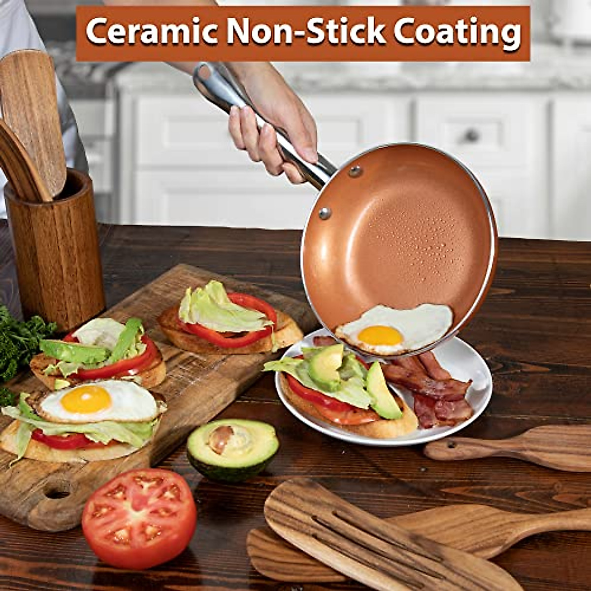 FOOD BOUTIQUE Copper Nonstick Ceramic Frying Pan with lid – 8-inch Egg Cooking Pan with tamper glass lid
