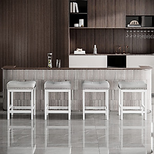 OUllUO Gray White Bar Stools Set of 2, Counter Height Bar Stools, Saddle Barstools, Pu Leather Stools with Metal Frame for Kitchen Island, 918P-NG