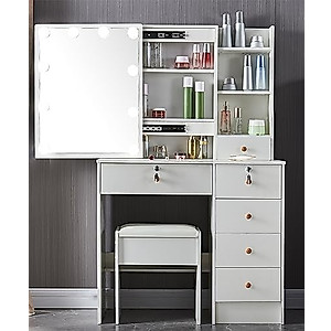 tojump Makeup Vanity Table with LED Lighted Mirror, White Vanity Desk with Drawers & Cabinet, Bedroom Makeup Dressing Table with Cushioned Stool (Modern N)