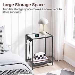 MAHANCRIS End Table with Charging Station and Side Tables with Charging Station bundle，Narrow Side Table for Small Spaces，2-Tier Nightstand with Tempered Glass Top，for Bedroom，Living Room ETWT18E01Z-E