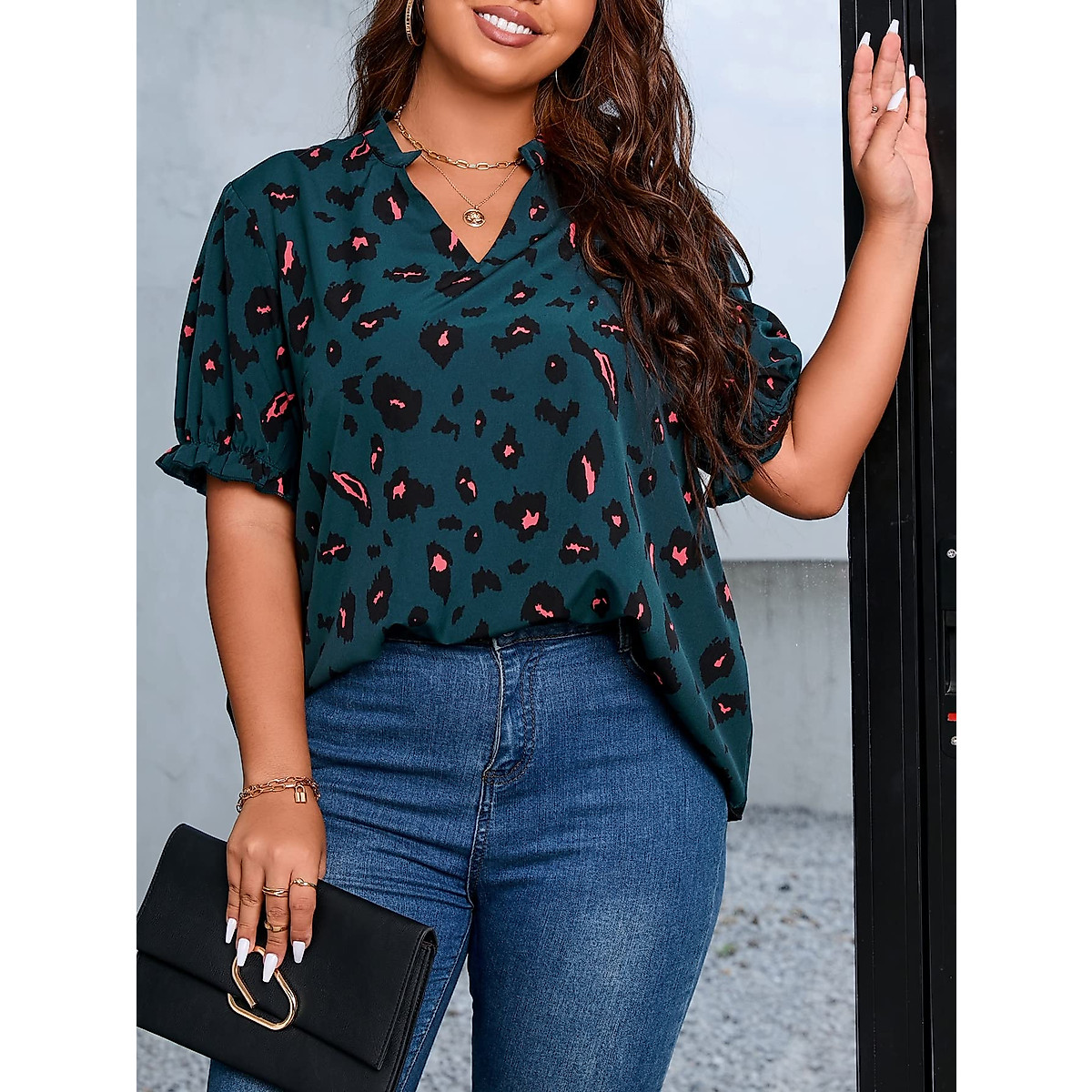 SOLY HUX Women's Plus Size Allover Printed Notched V Neck Short Sleeve Casual Blouse Tops Teal Blue 1XL