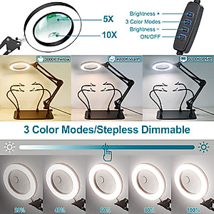 5X & 10X Magnifying Glass with Light and Stand, NAKOOS 2-in-1 Magnifying Lamp, 3 Color Modes Stepless Dimmable Lighted Magnifier with Large Base & Clamp for Craft Soldering Painting Hobby Close Work