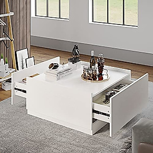 Panana Modern Coffee Table with 2 Drawers for Living Room Home Office, Wooden Coffee Table in White