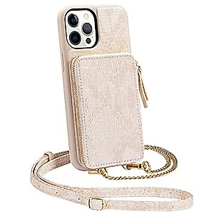 ZVEdeng Wallet Case for iPhone 12 Pro Max, Zipper Wallet Card Holder Case with Crossbody Chain Wrist Strap Leather Handbag for Women Protective Case for iPhone 12 Pro Max 6.7'' Lizard Skin Apricot