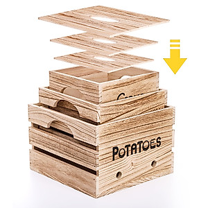 Frcctre 3 Pack Vegetable Storage Bins, Farmhouse Potato Onion Garlic Kitchen Storage Canisters Set, Wooden Stackable Vegetable Keeper with Lid and Aerating Holes for for Pantry Organization