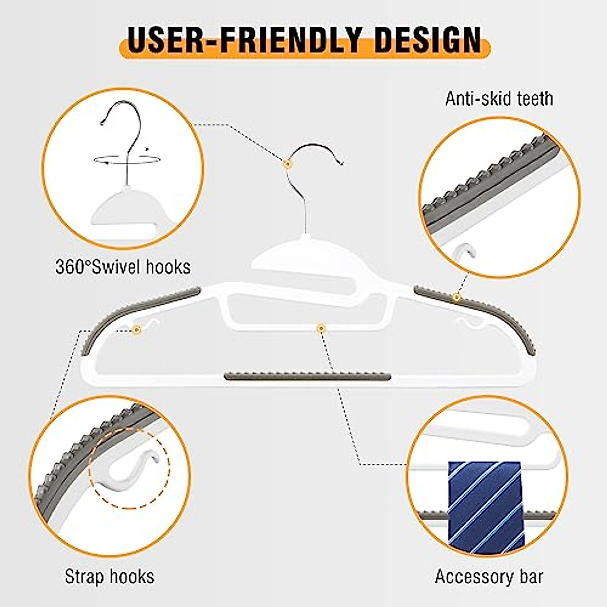 TECHMILLY 30 Pack S-Slide Plastic Hangers, Heavy Duty, Non Slip Space Saving Protect Collar Design Coat Hanger with 360° Swivel Hook, Clothes Organizer for Closet Grey