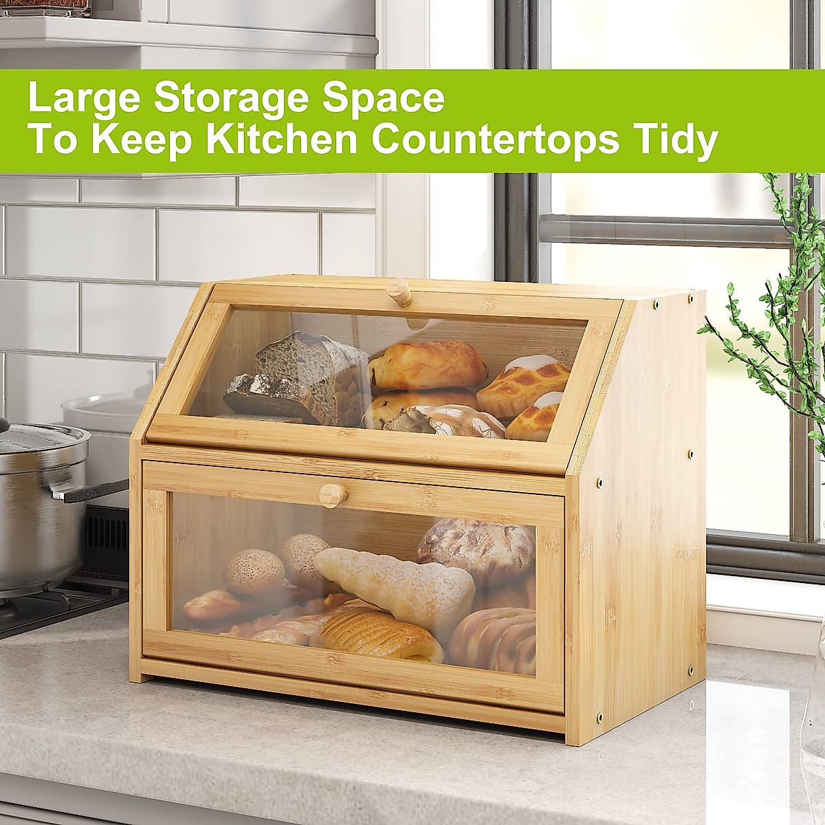 Bread Storage Farmhouse Bread Box For Kitchen Countertop Bread Container With Clear Window Breadbox Double Layer Bamboo Wooden Extra Large Capacity Bin Kitchen Food Storage Container(Trapezoid)Self-Assembly