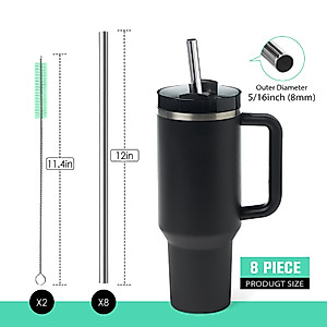 8 Piece 5/16 inch (8mm) Wide Straight Stainless Steel Straws for Travel 40oz Tumblers, 12 Inch Long Reusable Metal Straws, Replacement Straws with Silicone Tips & Cleaning Brush, Silver