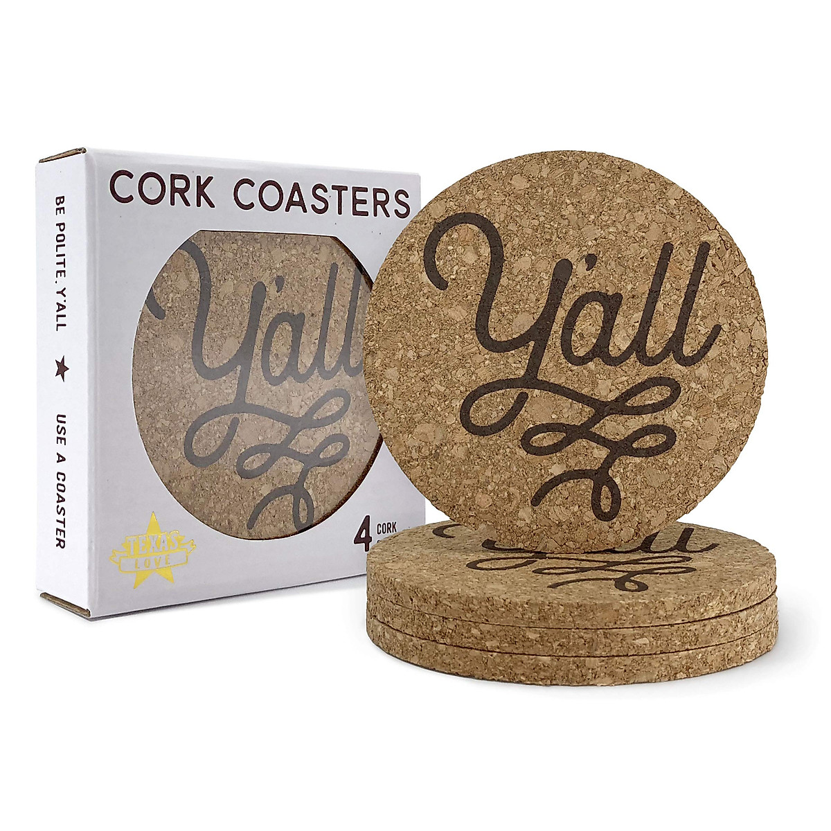 Y'all Texas Coaster Set Cork 3.5 Inch Coasters - 4 Texas Coasters Texas Gift