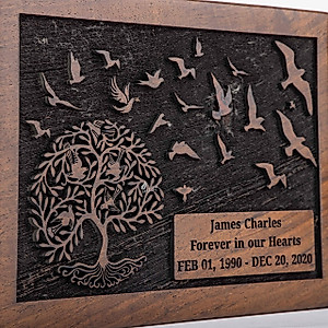 INTAJ Cremation Urn for Human Ashes Adult Male Female - Tree of Life Wooden Box Urn for Ashes - Handmade Decorative Funeral Urn (Customised Tree Birds, L (9x6x5) 185 Cu/in)