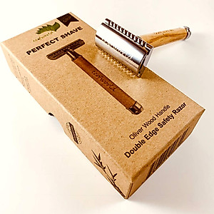 ECOFWORLD Double Edge Safety Razor with Long Natural Olive Wood Handle with One Blade| Safety Razor Reusable | Eco Friendly | For Men or Women | Sustainable and Durable