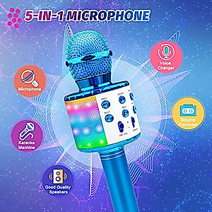 Icnice Wireless Bluetooth Karaoke Microphone 2 Pack, 5-in-1 Portable Handheld Karaoke Mic Speaker with Flashing Light for Singing Compatible with TV/Phone/PC Karaoke Machine (Pink and Blue)