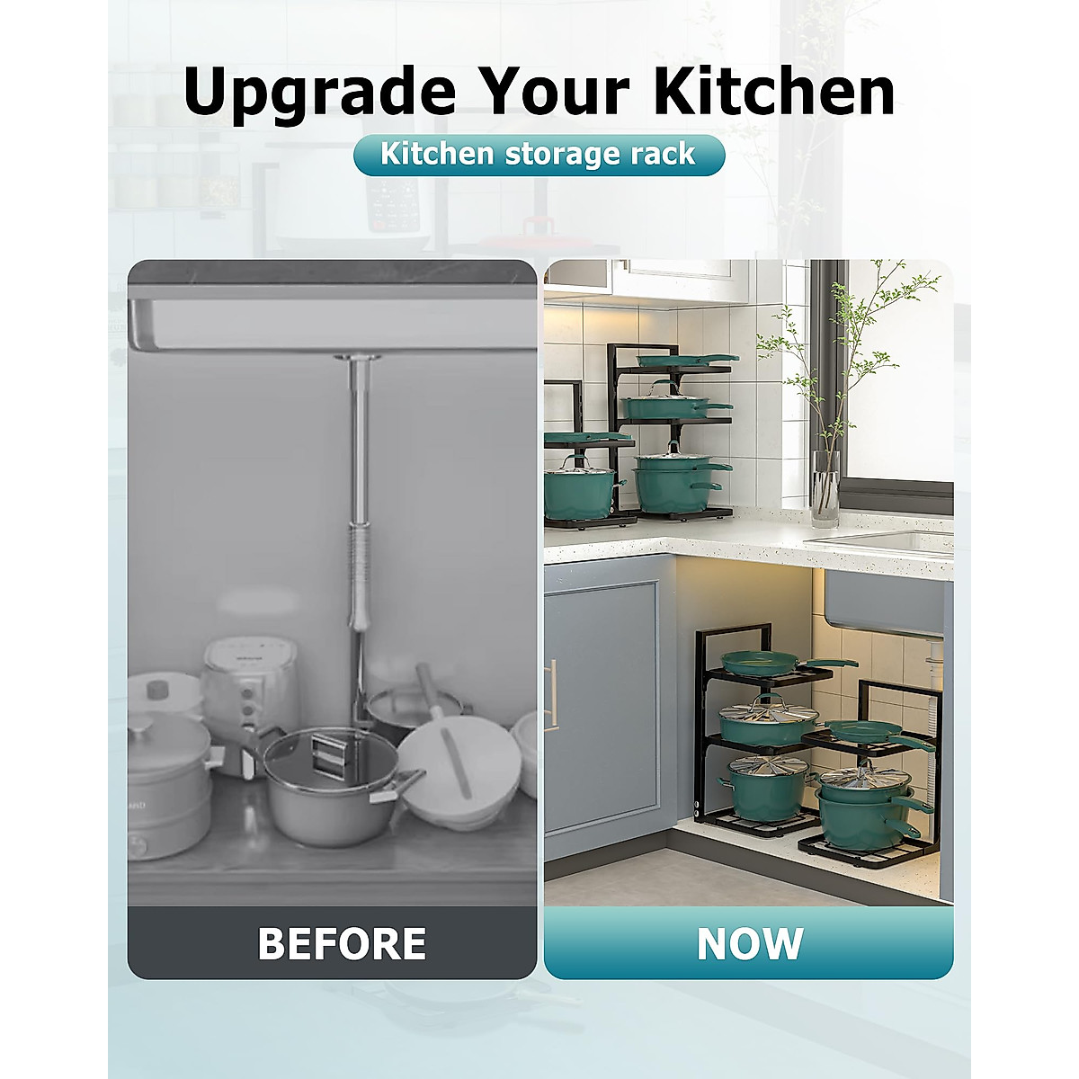 MIDYOO 2+3 Tier Adjustable Height Under Sink Organizers,Kitchen Storage Cabinet - Pots and Pans Organizer under Cabinet - Pots, Pans, and Lid Storage,Maximize Cabinet Space