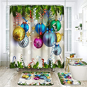 Britimes 4 Piece Shower Curtain Sets with 12 Hooks, Christmas Green Happy Year Ball with Non-Slip Rugs, Toilet Lid Cover and Bath Mat, Durable and Waterproof, for Bathroom Decor Set, 72" x 72"
