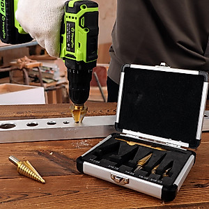 Yougfin Step Drill Bit Set-5 Pcs HSS Titanium Coated Step Drill Bits with Extra Automotive Center Punch-50 Sizes High Speed Steel Step Bits for Metal with Aluminum Case