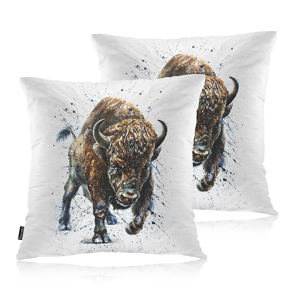 Swono Buffalo Set of 2 Decorative Throw Pillow Covers Cushion Case, Wild Animal Bison Buffalo Bull Farmhouse Pillowcase Cozy Pillow Cover for Couch Sofa Bed Garden Chair Car 18 X 18 Inch