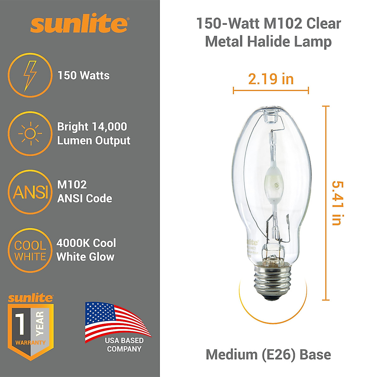 Sunlite 03650-SU MH150/U/MED M102 Metal Halide Lamp, 150 Watts, Pulse Start, Medium Base (E26), ED17, 15,000 Hours Life, 14000 Lumen, Clear Finish, 4000K