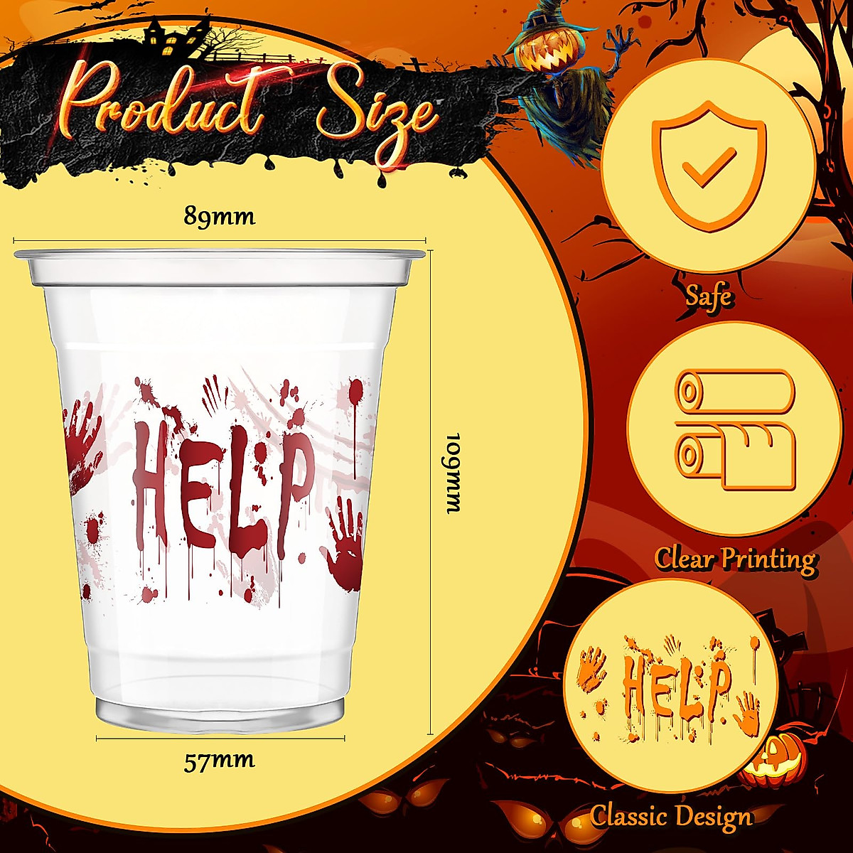 Meanplan 90 Pcs 12 oz Halloween Plastic Party Cups Disposable Clear Cups Scary Printed Party Cups Happy Halloween Cups for Liquor Coffee Juice and Hot Cold Drinks Party Supplies (Scary Style)