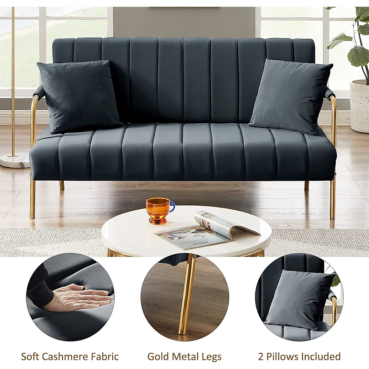 Majnesvon 61" Modern Loveseat Sofa Couch,Cashmere Fabric Small Love Seat w/2 Pillows and Metal Legs,2-Seater Upholstered Mini Sofa Couches for Small Space,Living Room Bedroom Apartments (Dark Grey)