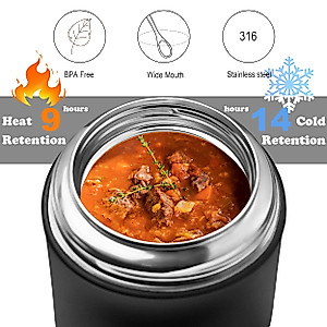 CocoMeiwei Thermo for Hot Food & Drinks, Thermo Lunch Box, 17oz Vacuum Insulated Food Container with Spoon&Drawstring Bag, Soup Thermo for Adults, Black
