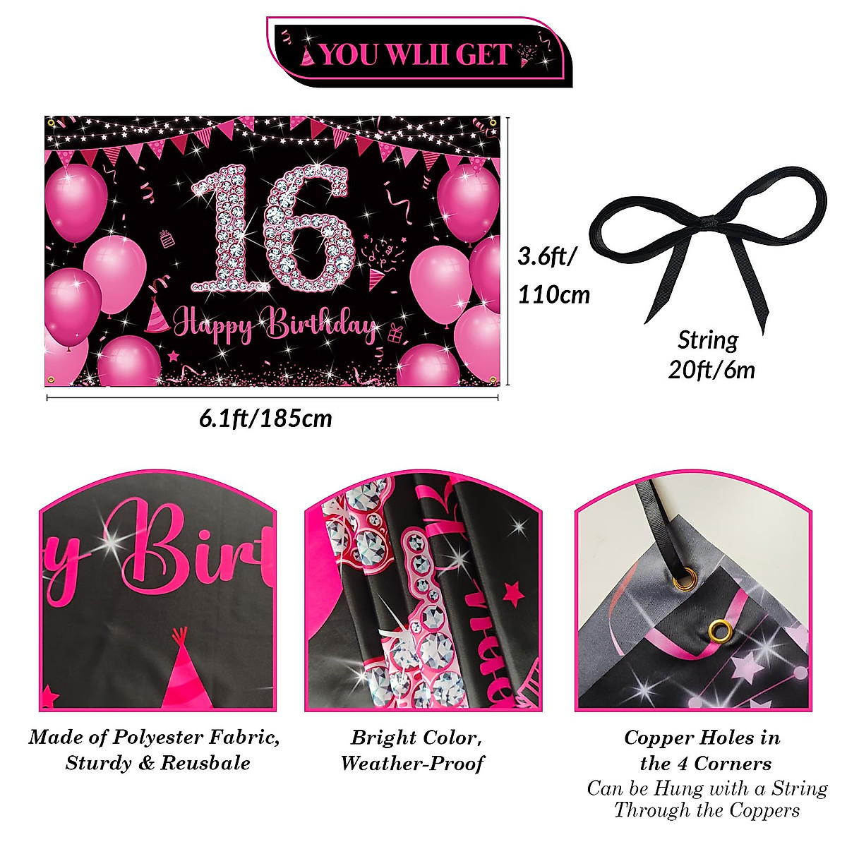 Sweet 16 Birthday Banner Hot Pink, Happy 16th Birthday Decorations for Girls, Sweet Sixteen Party Decorations, 16 Year Old Birthday Photo Props Yard Sign Decor Supplies, Fabric Vicycaty