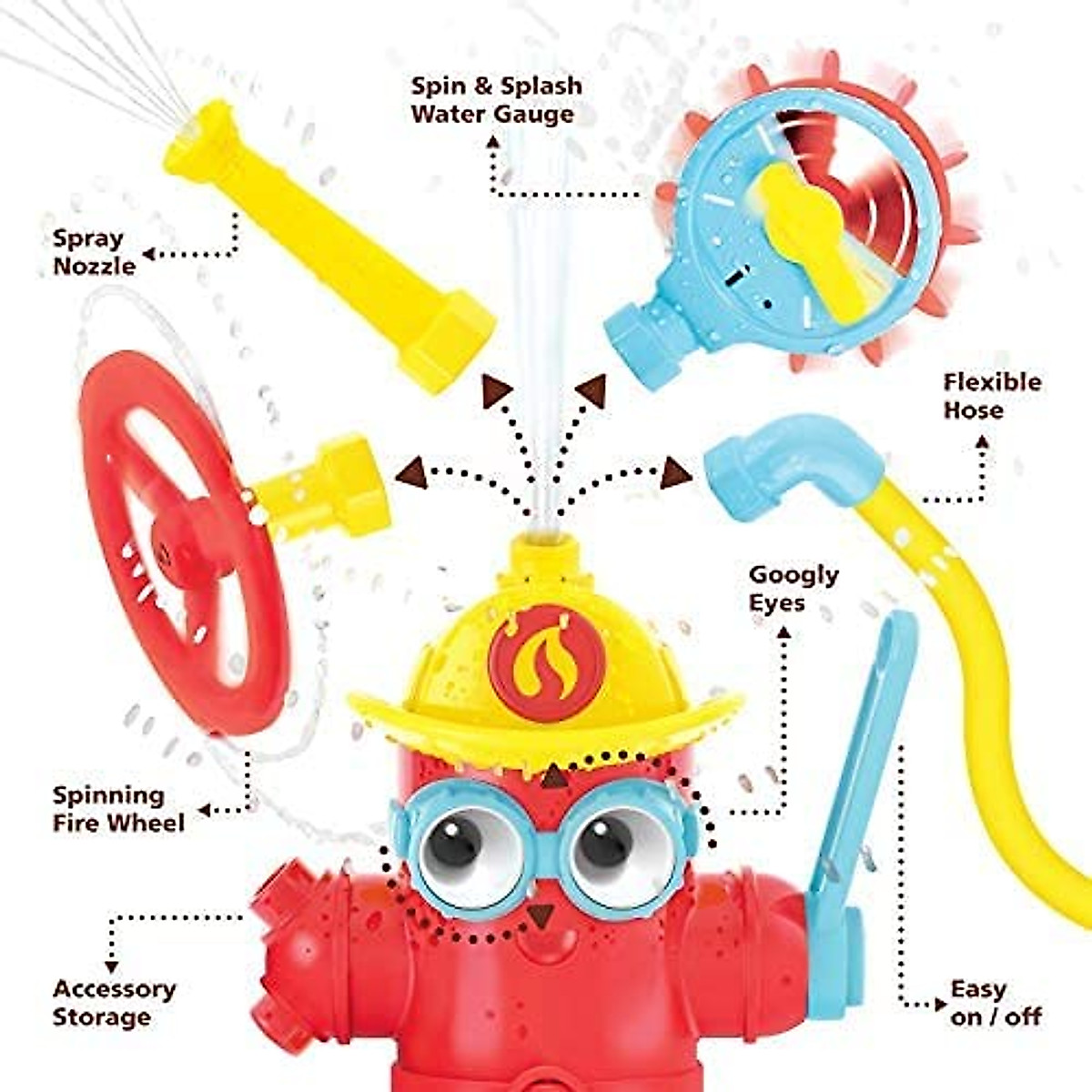 Yookidoo Baby Bath Toddler Toys (Ages 3+) - Ready Freddy Spray ‘N’ Sprinkle Fire Hydrant Bathtime Toy - Includes Hose, Spray Nozzle, Wheel, & Water Gauge - Attach to Any Bath Tub or Shower - Mold Free