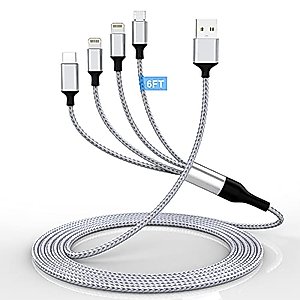 iPhone Charging Cable 1.8M/6Ft Multi 4 in 1 USB Universal Fast Charging Cord Multi Charging Cable Lightningx2+Type C+Micro USB Port Connectors Adapter for Android/Apple/iOS/Samsung/LG/Huawei/XiaoMi