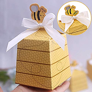 MeiMeiDa 30 Pack Bumble Bee Candy Boxes Treat Boxes Paper Beehive Gift Box with Ribbon for Bee Party Decoration Bee Birthday Baby Shower Favors Supplies