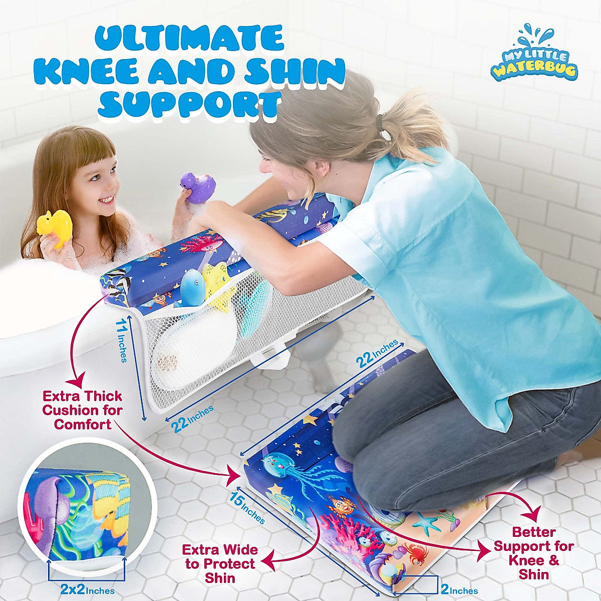 MY LITTLE WATERBUG Baby Bath Kneeler and Elbow Rest Pad | Set Includes Cushioned Kneeling Pad, 2 Inches Thick & 22 Inches Long, Plus Stay-Put Elbow Pad with 8 Suction Cups | Cute Undersea Print