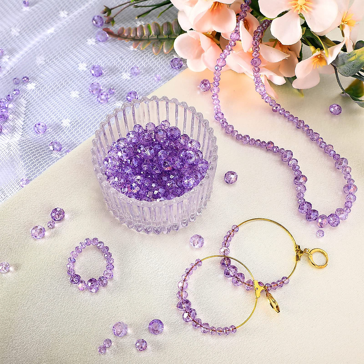 WILLBOND 600 Pcs Crystal Glass Beads for Jewelry Making Bulk Faceted Gemstone Rondelle Loose Beads for Bracelet DIY Crafts 8 mm, 6 mm, 4 mm(Purple)