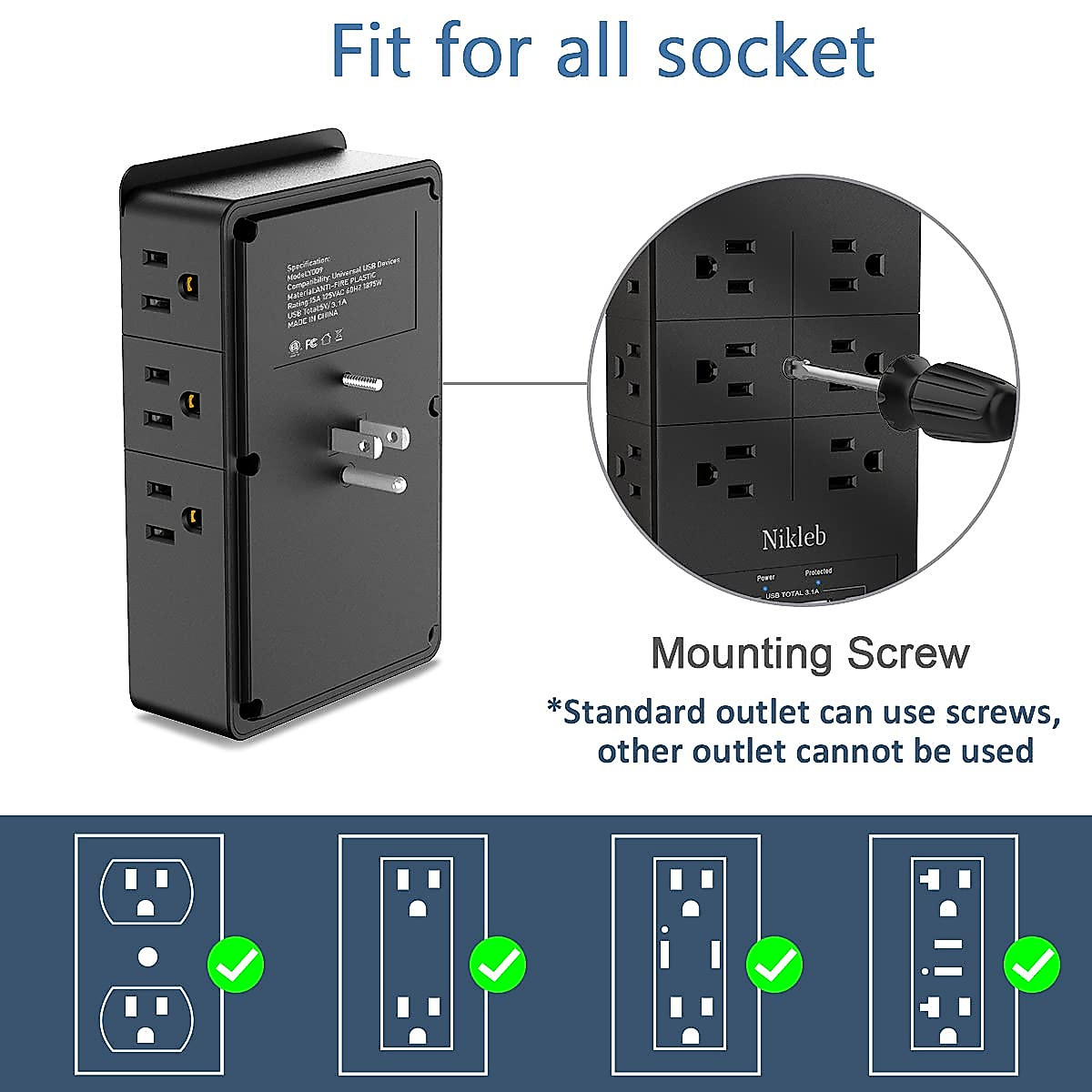 Multi Plug Outlet Extender Nikleb, Surge Protector 12 Outlets, Wall Plug with 2 USB+ USB C Ports Total 3.1A, Charger Blocks Wall Mount, Outlet Splitter Heavy Duty for Home, Office, Garage Improvement