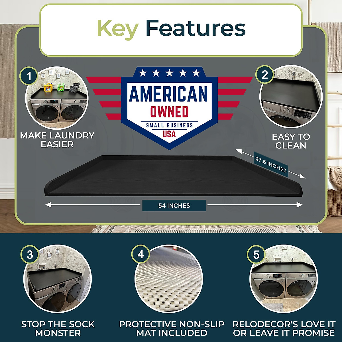 RELODECOR Washer and Dryer Countertop with Non-Slip Mat - Laundry Countertop (Black) 27.5" x 54" Durable Melamine Finish for Laundry Room Organization