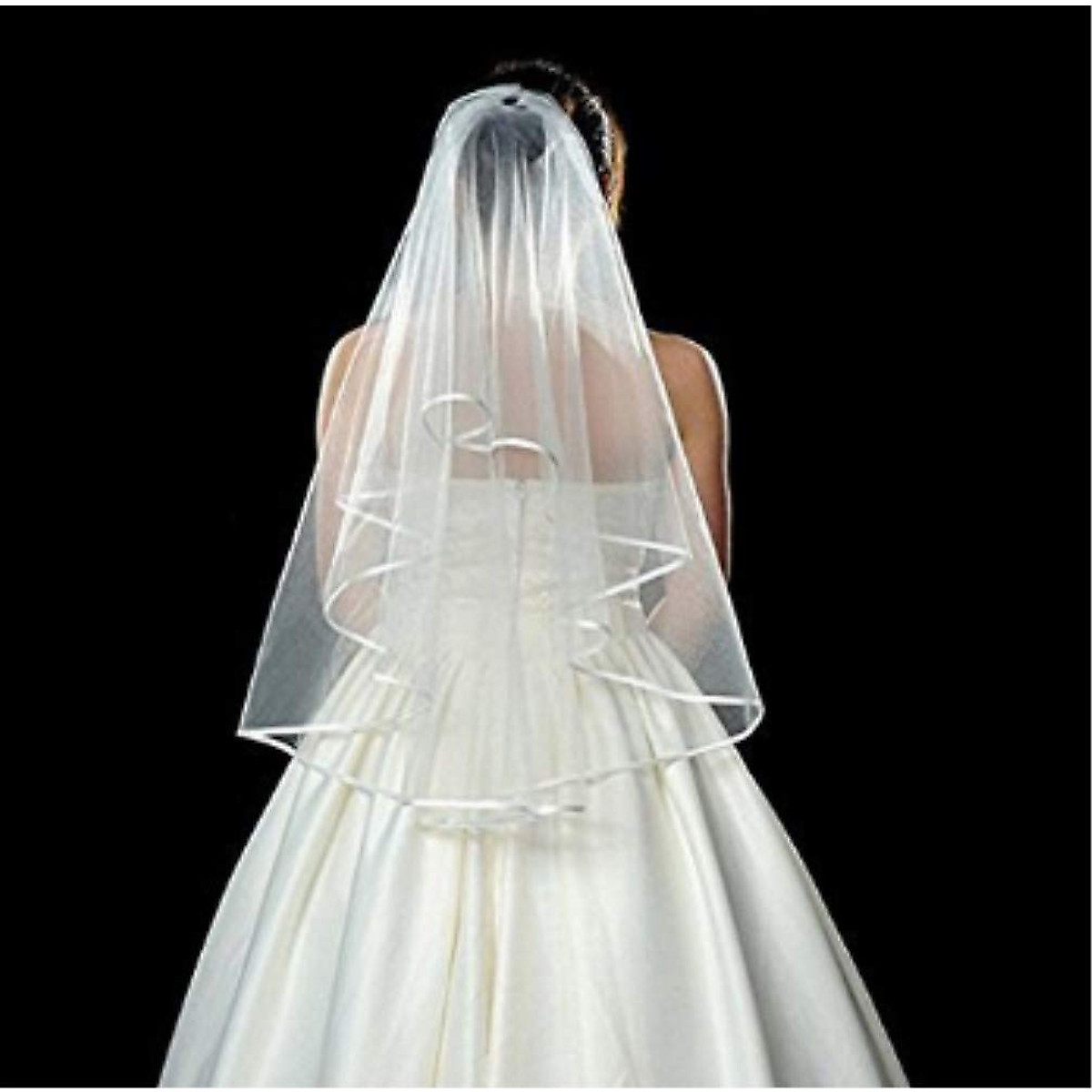ZIYAN White Double Ribbon Edge Center Cascade Bridal Wedding Veil with Comb