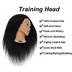 16Inch 100% Real Hair Mannequin Head Training Head Cosmetology Doll Head Manikin Practice Head Hairdresser With Free Clamp Stand Female (Black Hair)