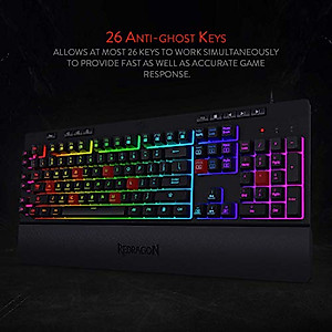Redragon K512 Shiva RGB Backlit Membrane Gaming Keyboard with Multimedia Keys, Linear Mechanical-Feel Switch, 6 Extra On-Board Macro Keys, Dedicated Media Control, Detachable Wrist Rest
