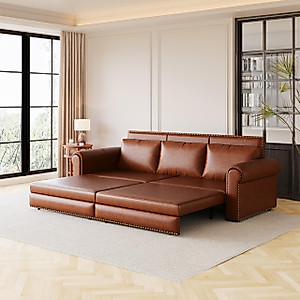 Star20XX Chesterfield Sofa, 93.7 Inches King Pull Out Sofa Bed, 3-in-1 Leather Convertible Sleeper Sofa with Nailhead Trim & Rolled Arm, Multi-Functional Sofa Bed for Living Room, Bedroom, Apartment,