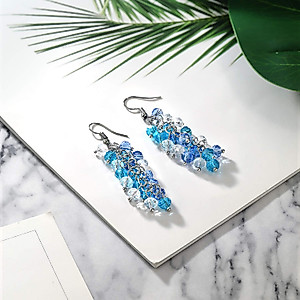 Gem Stone King 2 Inch Ocean Blue Cluster Faceted Crystal Dangle Hook Earrings For Women 2 Inch