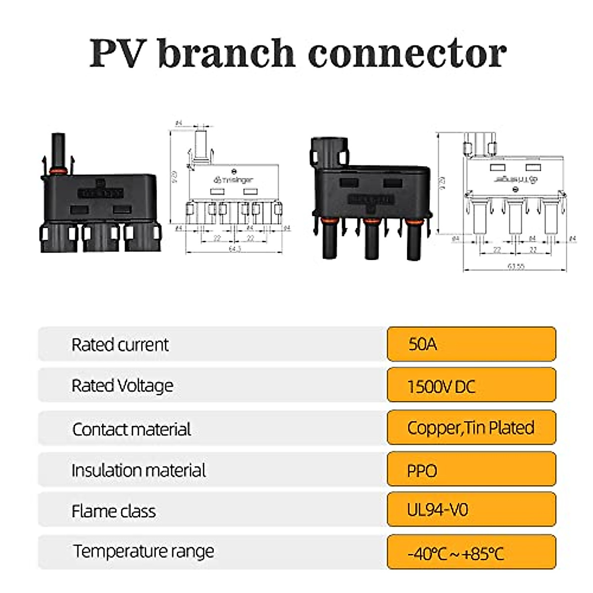 Trisinger Solar Branch Connector IP68 Waterproof 1500V Solid Copper Terminal 3male1female and 3female 1male, 1 Pairs (3 to 1)