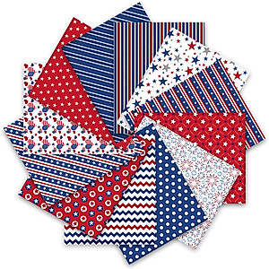Whaline 12Pcs Patriotic Cotton Fabric Bundles 18 x 22 Inch Star Firework Fat Quarters 4th of July Quilting Patchwork Squares Independence Day Sewing Fabrics for DIY Handmade Crafting Home Party Decor