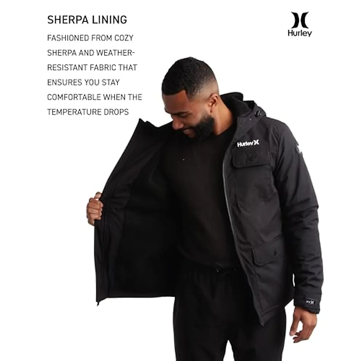 Hurley Men's Winter Jacket - Warm Sherpa Lined Outdoor Jacket with Multiple Pockets - Men's Zip Up Hooded Ski Jackets (S-XL), Size Large, Black