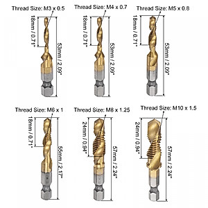 uxcell Combination Drill and Tap Bit Set, M3 M4 M5 M6 M8 M10 Titanium Coated High Speed Steel 4341 Spiral Flute Drilling Tapping Tool 1/4" Hex Shank 6pcs