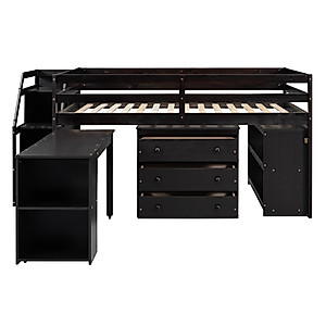 Versatile Wooden Full Size Low Loft Bed with Retractable Writing Desk and 3 Drawers, Storage Stairs and Shelves,for Kids Boys Girls Teens Adults Bedroom (Espresso@Writing Desk, Full)