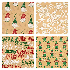 RUSPEPA Christmas Wrapping Paper, Kraft Paper - Santa Claus, Gnome, Snowflake and Merry Christmas - 4 Rolls - 30 inches x 10 feet per Roll