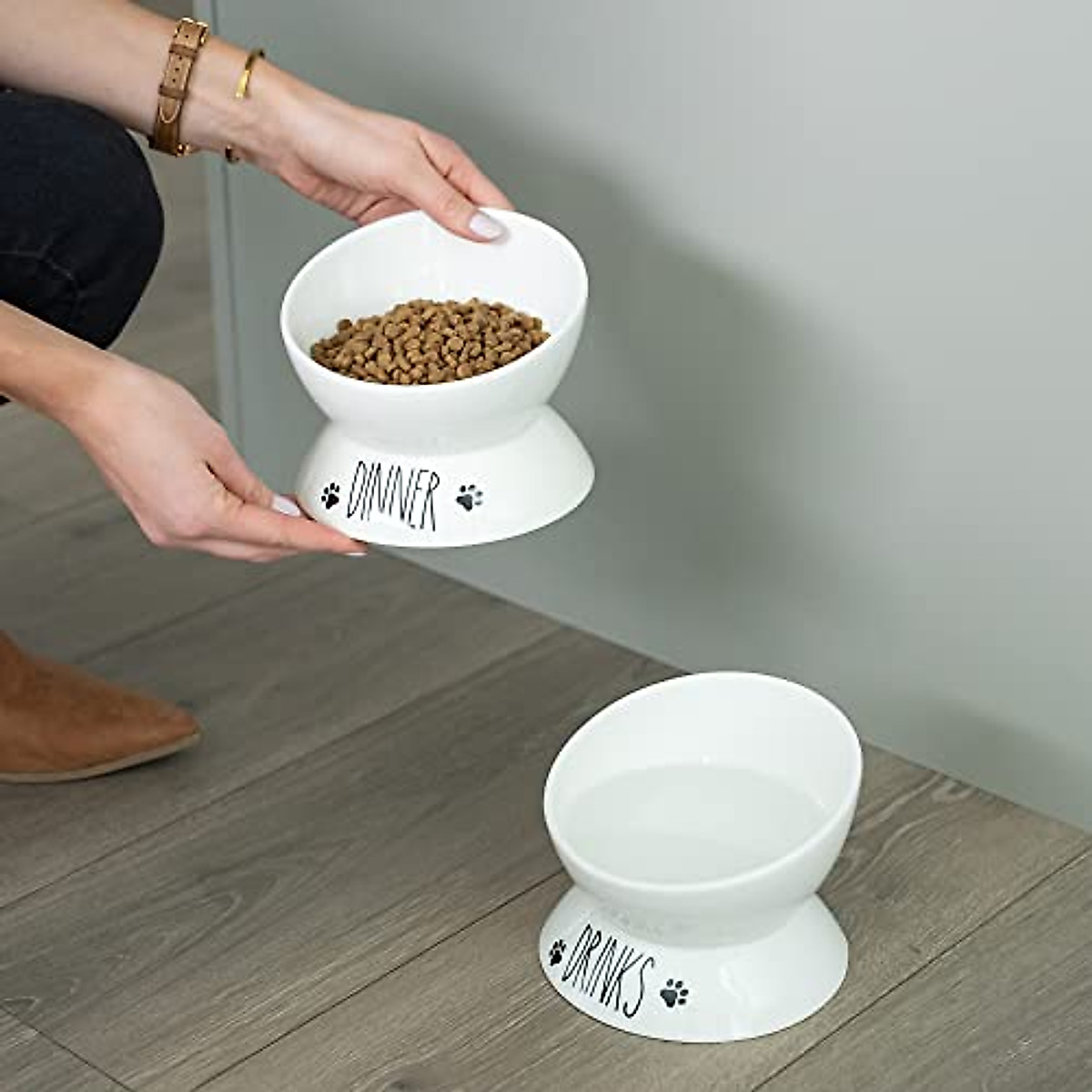 Prefurred Pet Elevated Cat Food Bowl Set (Dinner & Drinks Cat Dish) Two Elevated Cat Bowls, Cat Dishes for Food and Water. Porcelain Raised Cat Bowl, Small Pet Dog Bowl. Wide Tilted Cat Food Bowls.